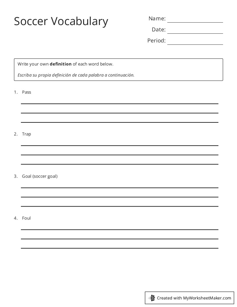 Soccer Vocabulary - My Worksheet Maker: Create Your Own Worksheets