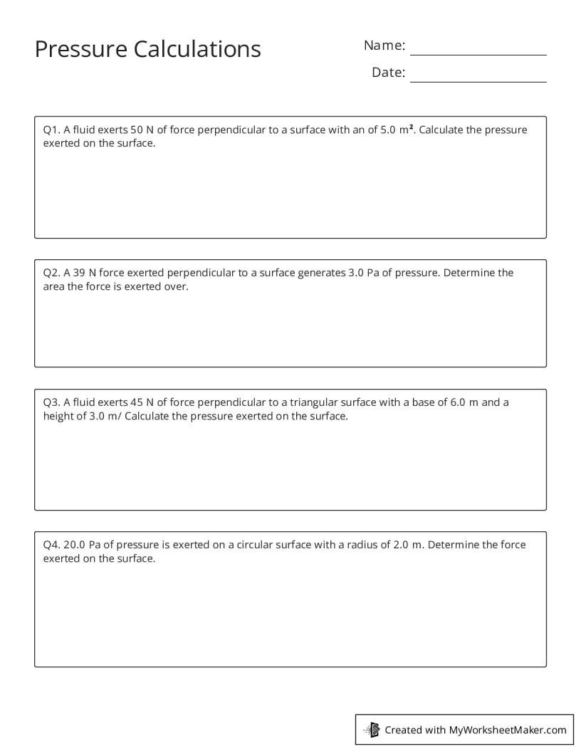 Pressure Calculations - My Worksheet Maker: Create Your Own Worksheets