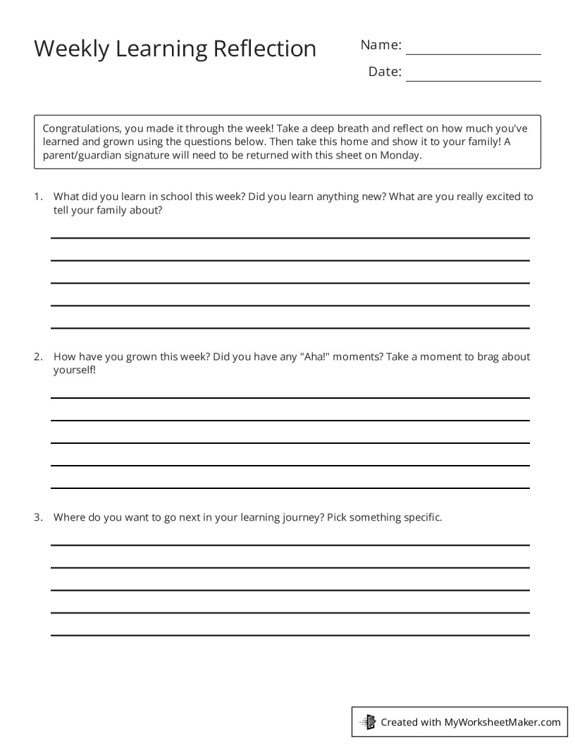 Weekly Learning Reflection - My Worksheet Maker: Create Your Own Worksheets