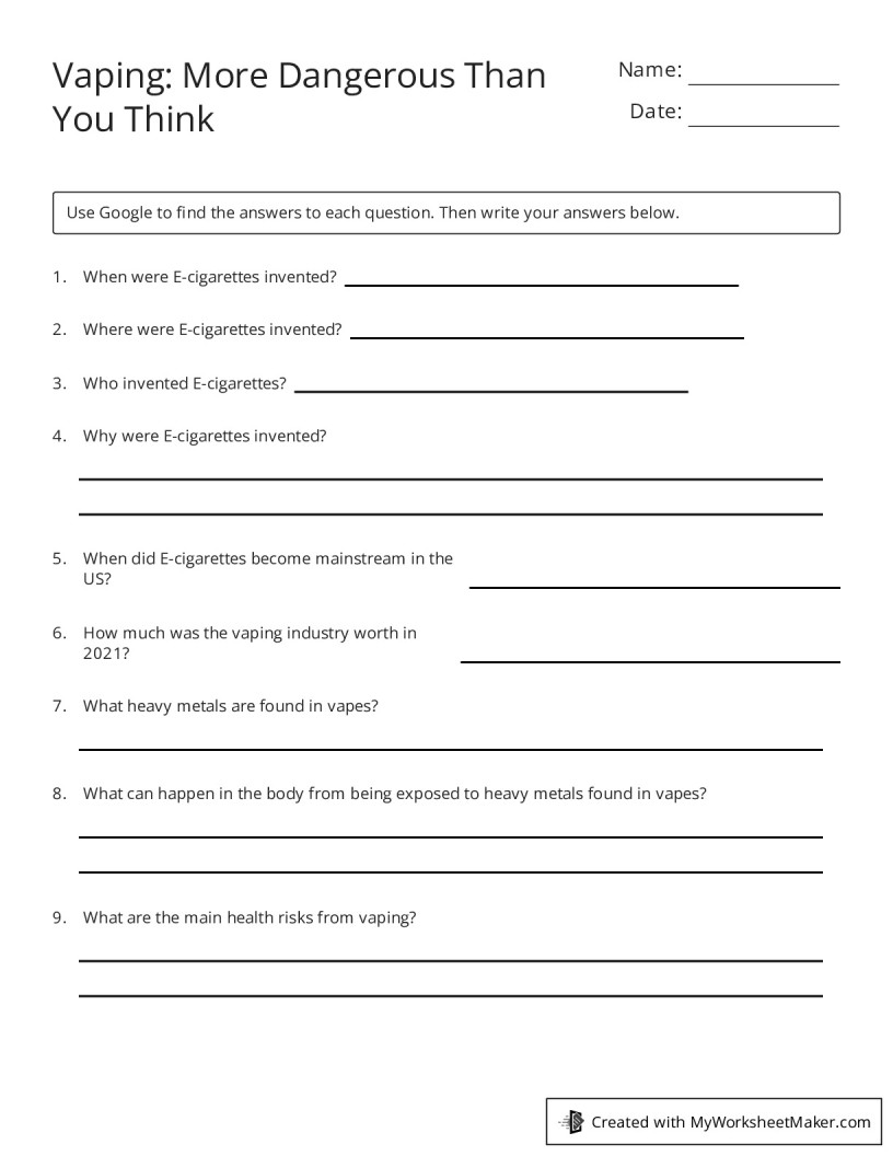 Vaping: More Dangerous Than You Think - My Worksheet Maker: Create Your ...