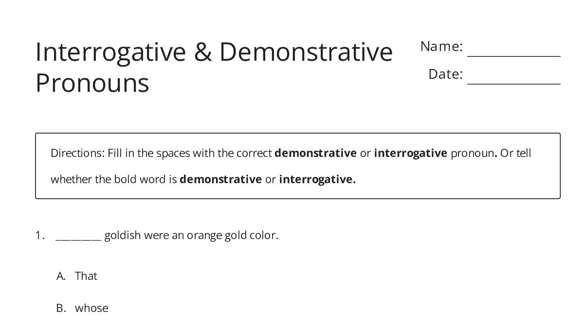 Interrogative & Demonstrative Pronouns - My Worksheet Maker: Create ...