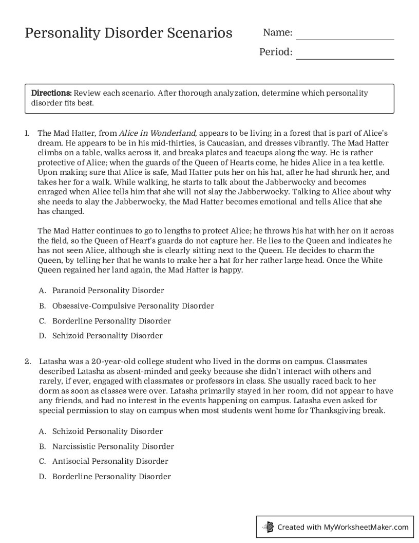 Personality Disorder Scenarios - My Worksheet Maker: Create Your Own ...