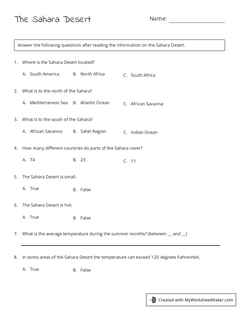 The Sahara Desert - My Worksheet Maker: Create Your Own Worksheets