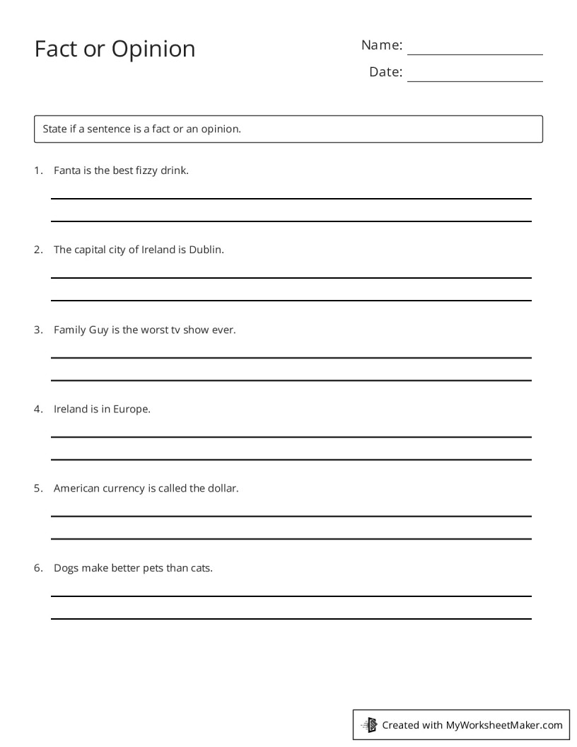 Fact or Opinion - My Worksheet Maker: Create Your Own Worksheets