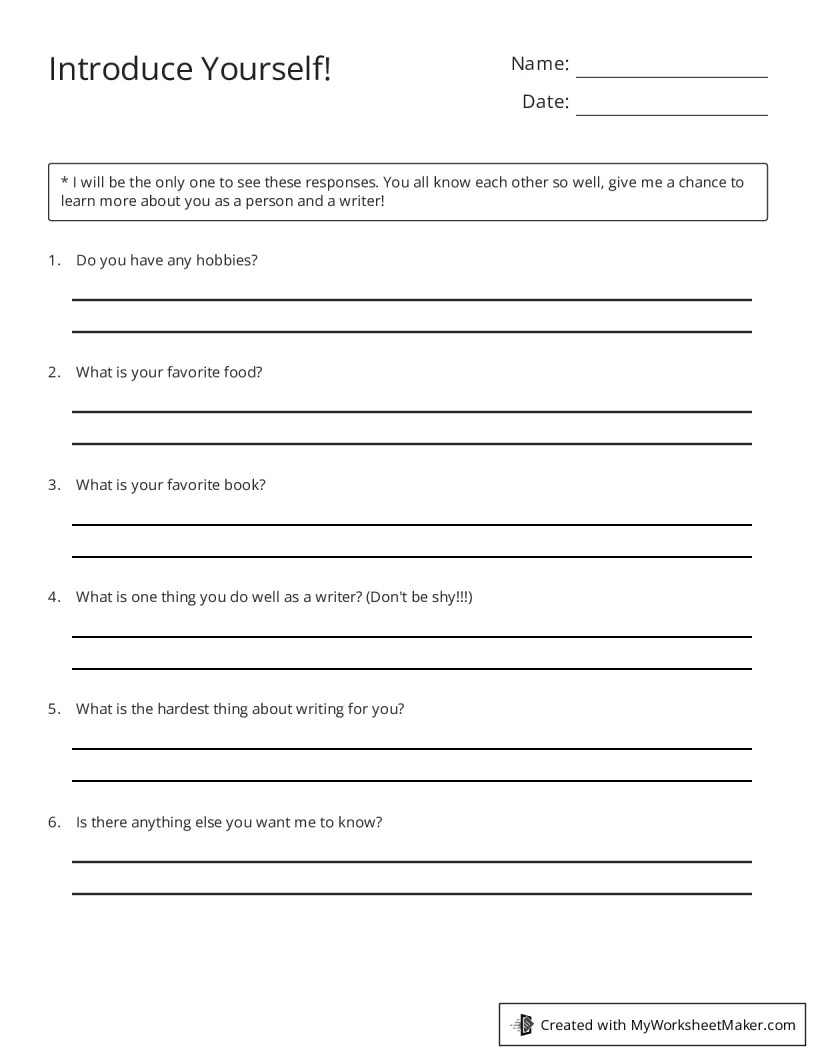 Introduce Yourself! - My Worksheet Maker: Create Your Own Worksheets