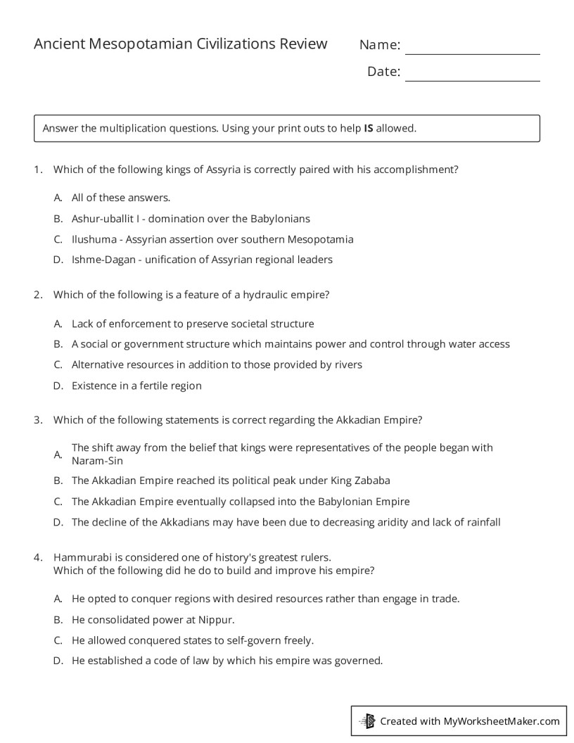 Ancient Mesopotamian Civilizations Review - My Worksheet Maker: Create ...