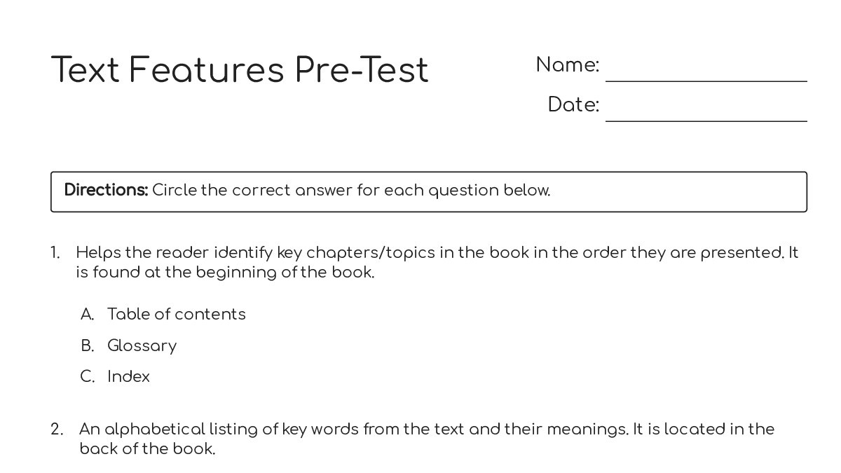 Text Features Pre-Test - My Worksheet Maker: Create Your Own Worksheets