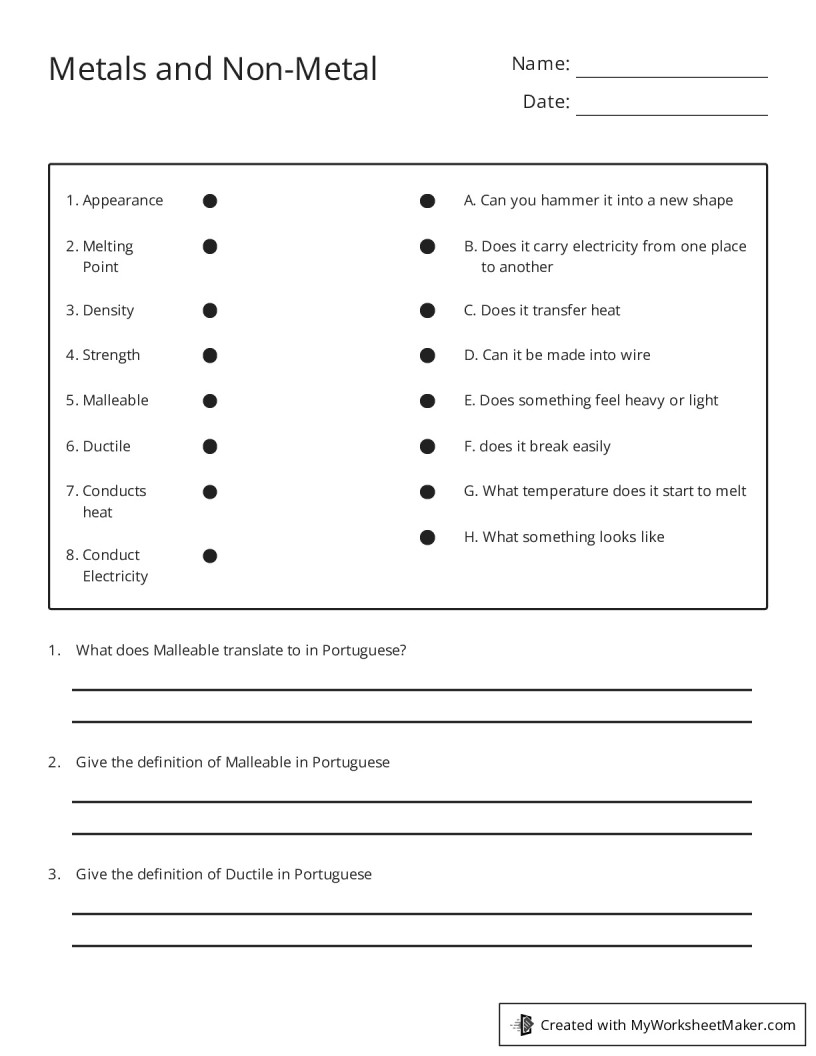 Metals and Non-Metal - My Worksheet Maker: Create Your Own Worksheets