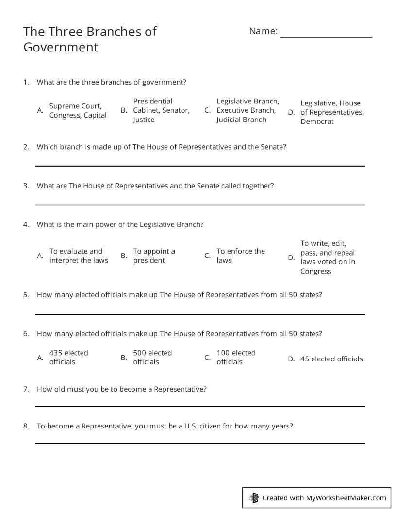 The Three Branches of Government - My Worksheet Maker: Create Your Own ...