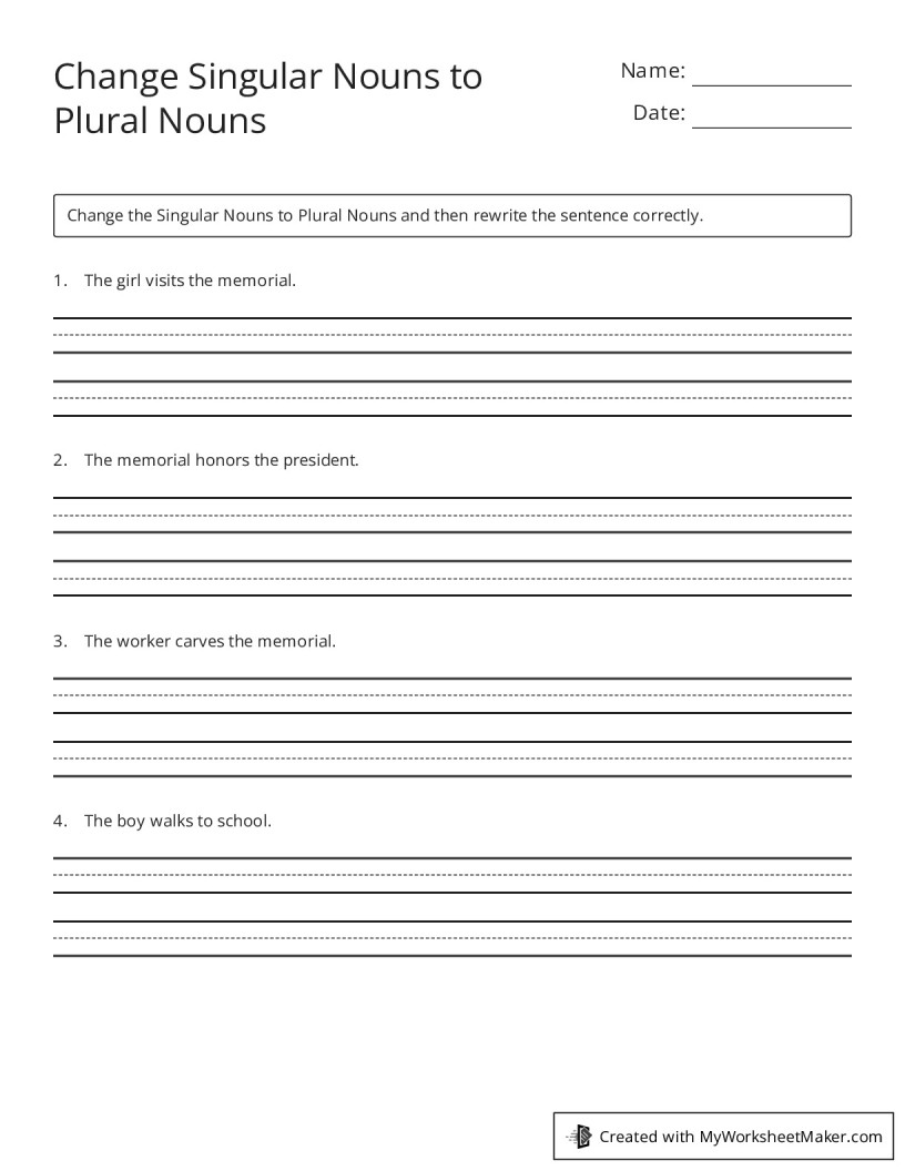 Change Singular Nouns to Plural Nouns - My Worksheet Maker: Create Your ...