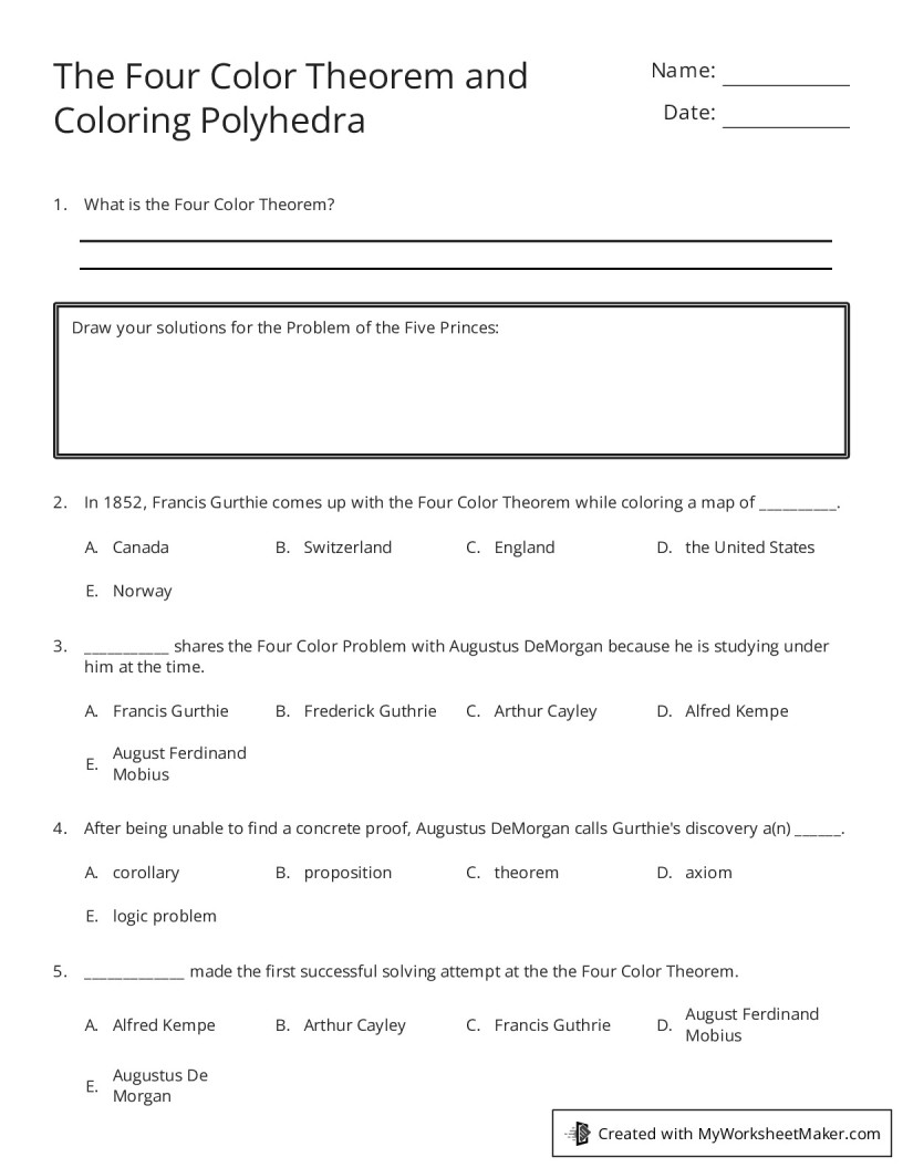 The Four Color Theorem and Coloring Polyhedra - My Worksheet Maker ...