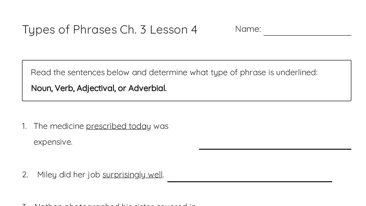 Types of Phrases Ch. 3 Lesson 4 - My Worksheet Maker: Create Your Own ...
