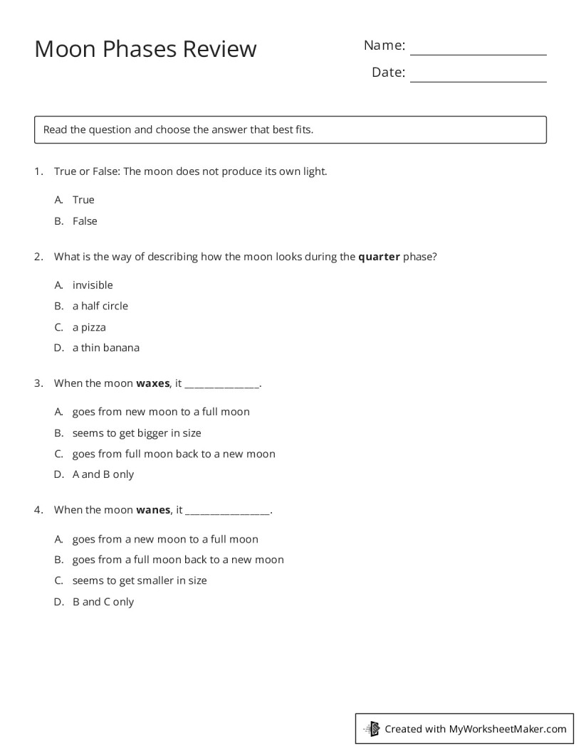 Moon Phases Review - My Worksheet Maker: Create Your Own Worksheets