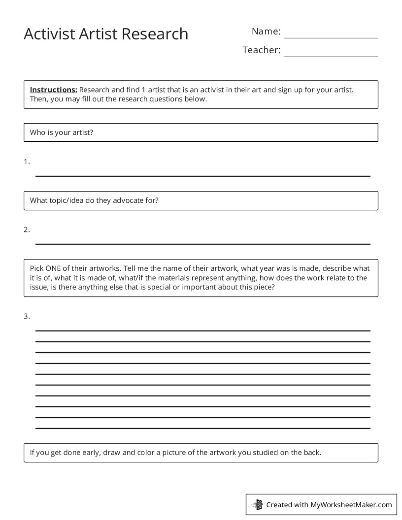 Activist Artist Research - My Worksheet Maker: Create Your Own Worksheets