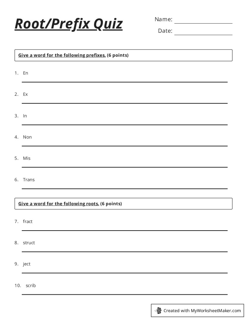 Root/Prefix Quiz - My Worksheet Maker: Create Your Own Worksheets