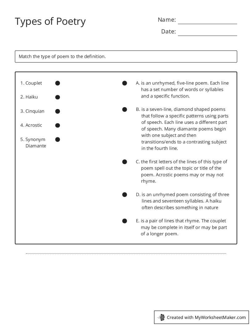 Types of Poetry - My Worksheet Maker: Create Your Own Worksheets