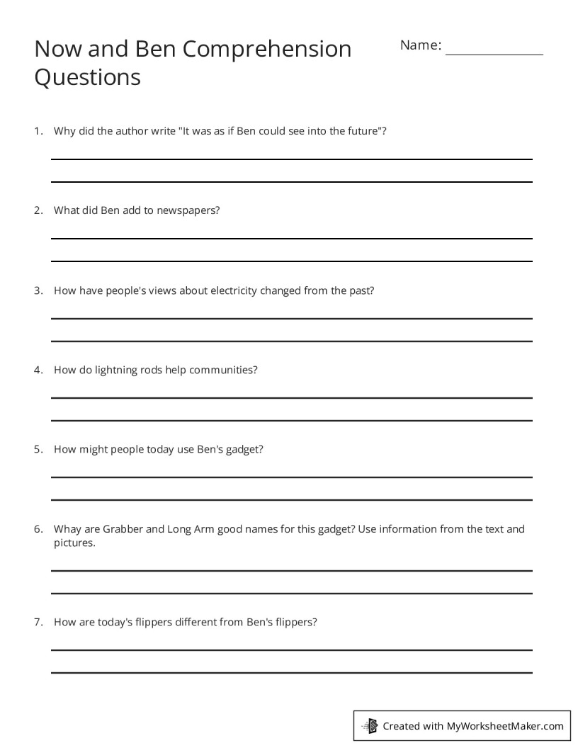 Now and Ben Comprehension Questions - My Worksheet Maker: Create Your ...