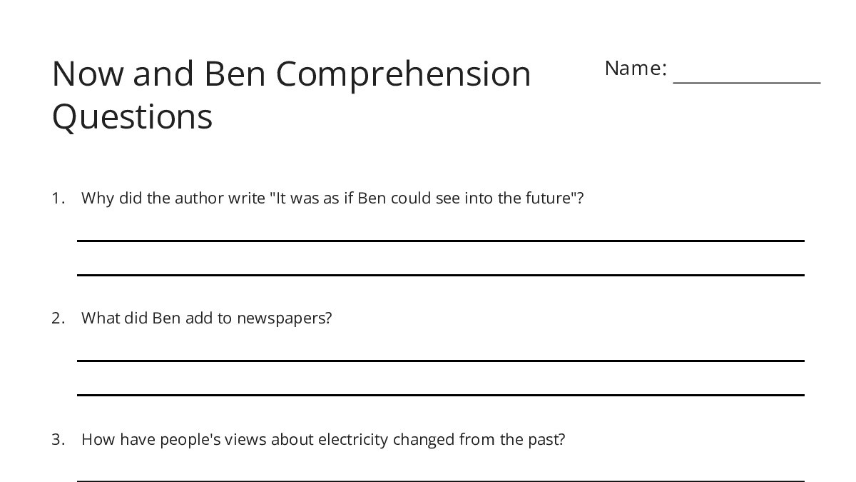 Now and Ben Comprehension Questions - My Worksheet Maker: Create Your ...