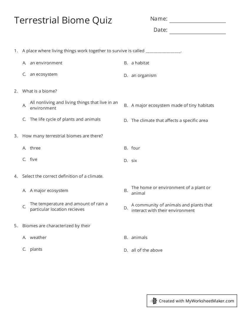 Terrestrial Biome Quiz - My Worksheet Maker: Create Your Own Worksheets