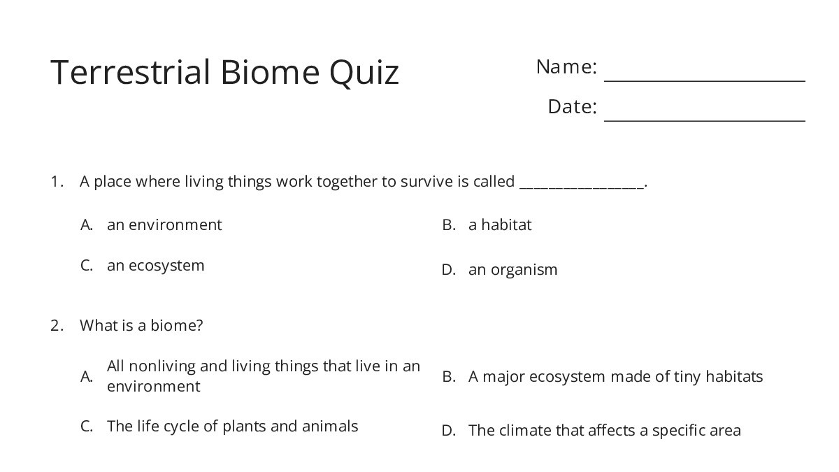 Terrestrial Biome Quiz - My Worksheet Maker: Create Your Own Worksheets