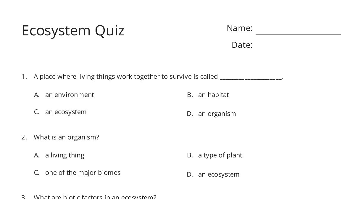 Ecosystem Quiz - My Worksheet Maker: Create Your Own Worksheets