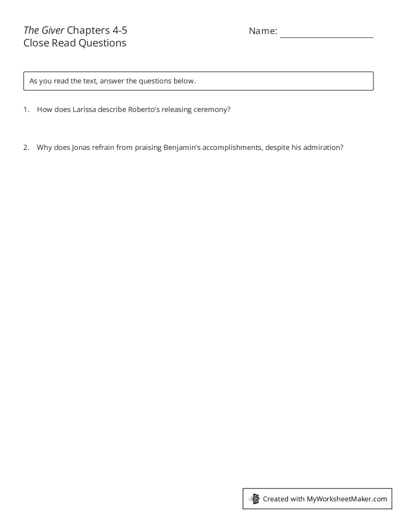 The Giver Chapters 4-5Close Read Questions - My Worksheet Maker: Create ...