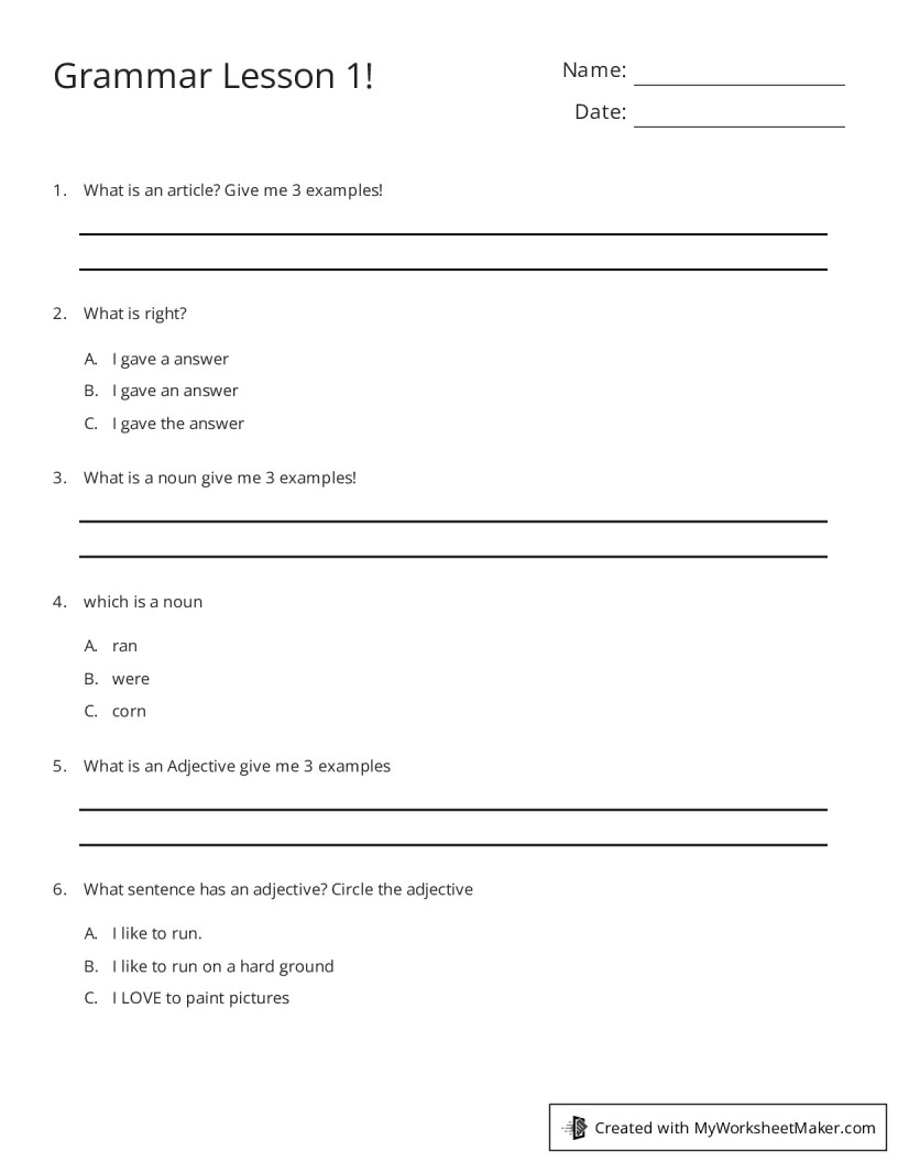 Grammar Lesson 1! - My Worksheet Maker: Create Your Own Worksheets
