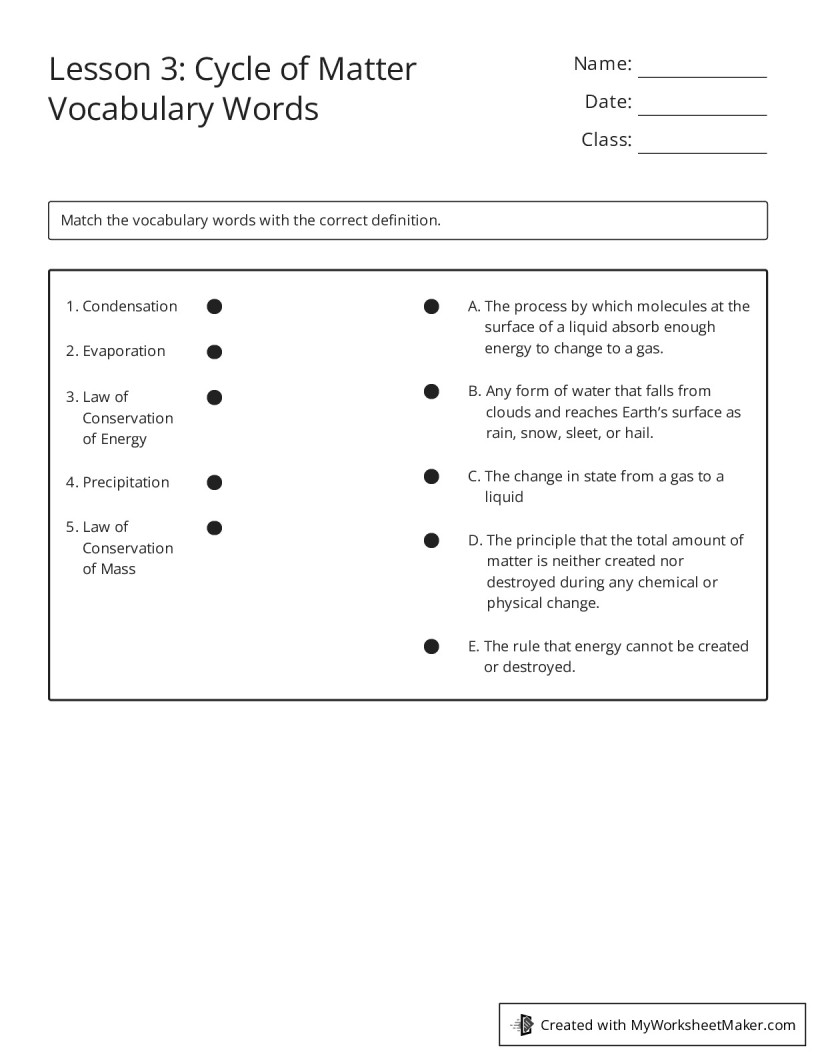 Lesson 3: Cycle of Matter Vocabulary Words - My Worksheet Maker: Create ...