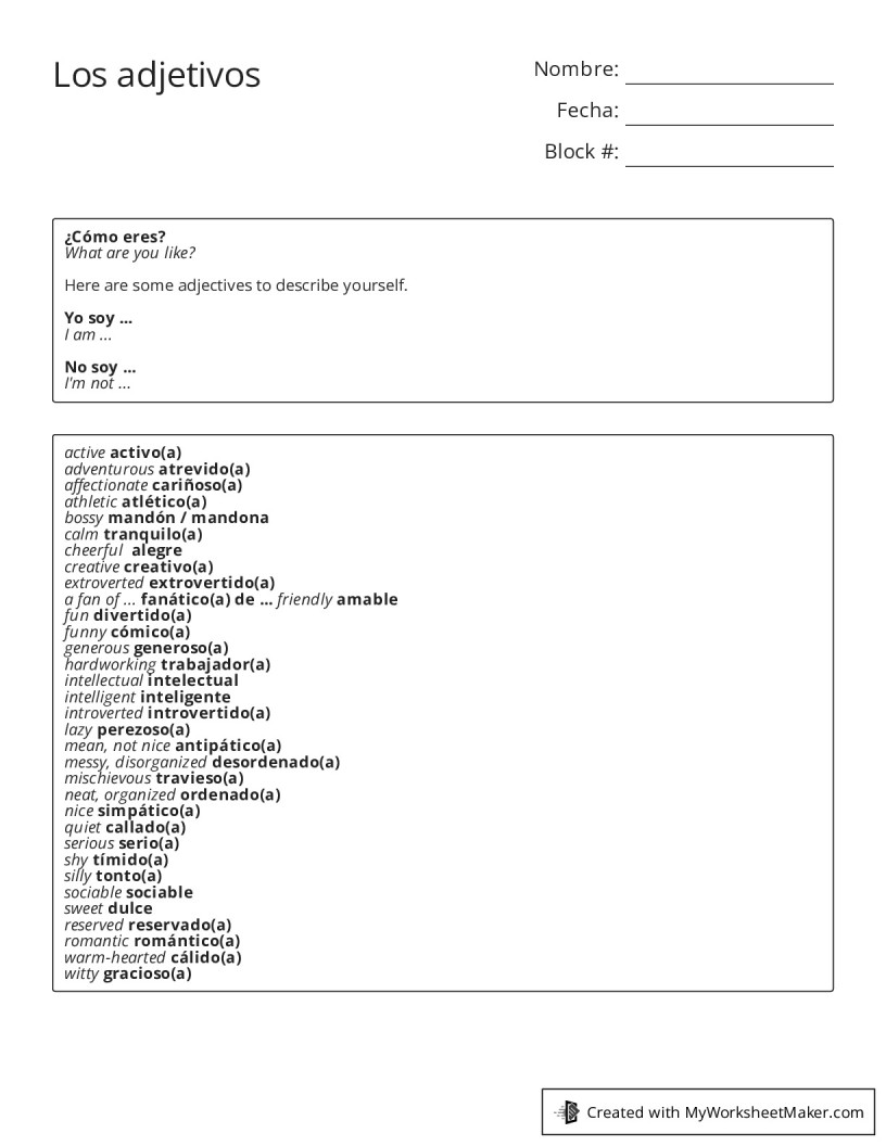 Los adjetivos - My Worksheet Maker: Create Your Own Worksheets