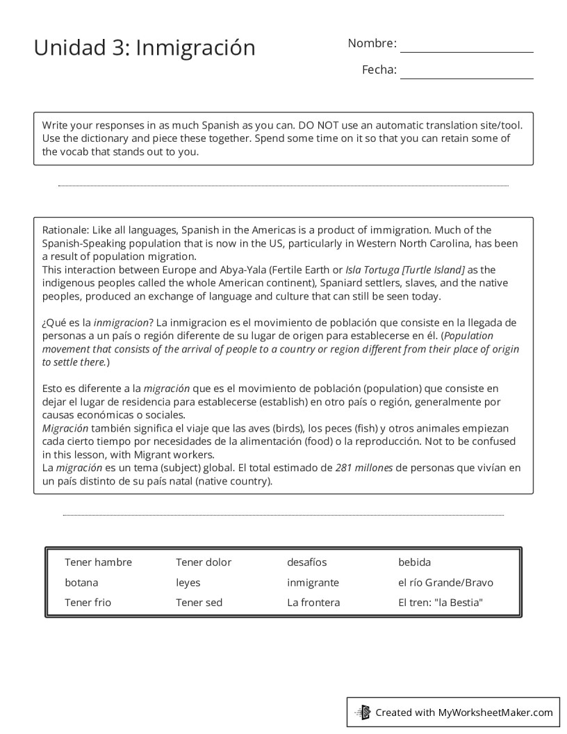Unidad 3: Inmigración - My Worksheet Maker: Create Your Own Worksheets