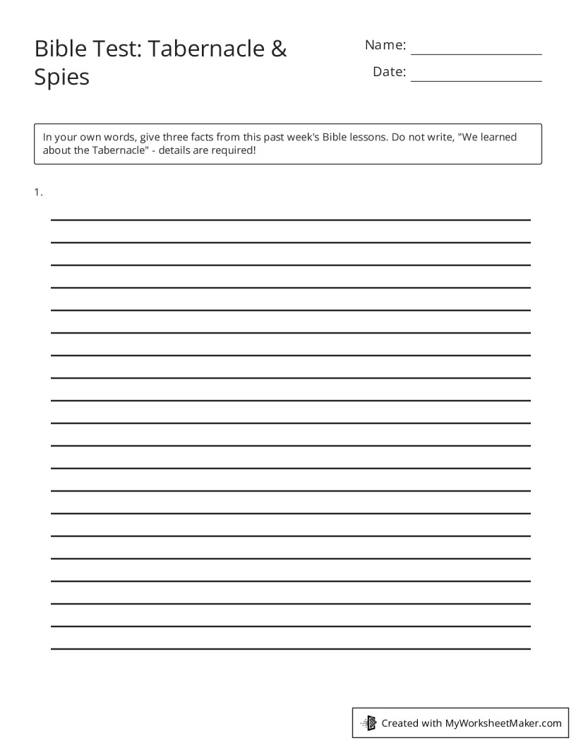 Bible Test: Tabernacle & Spies - My Worksheet Maker: Create Your Own ...