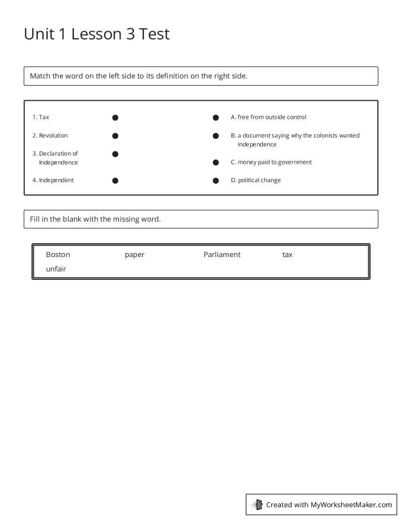 Unit 1 Lesson 3 Test - My Worksheet Maker: Create Your Own Worksheets