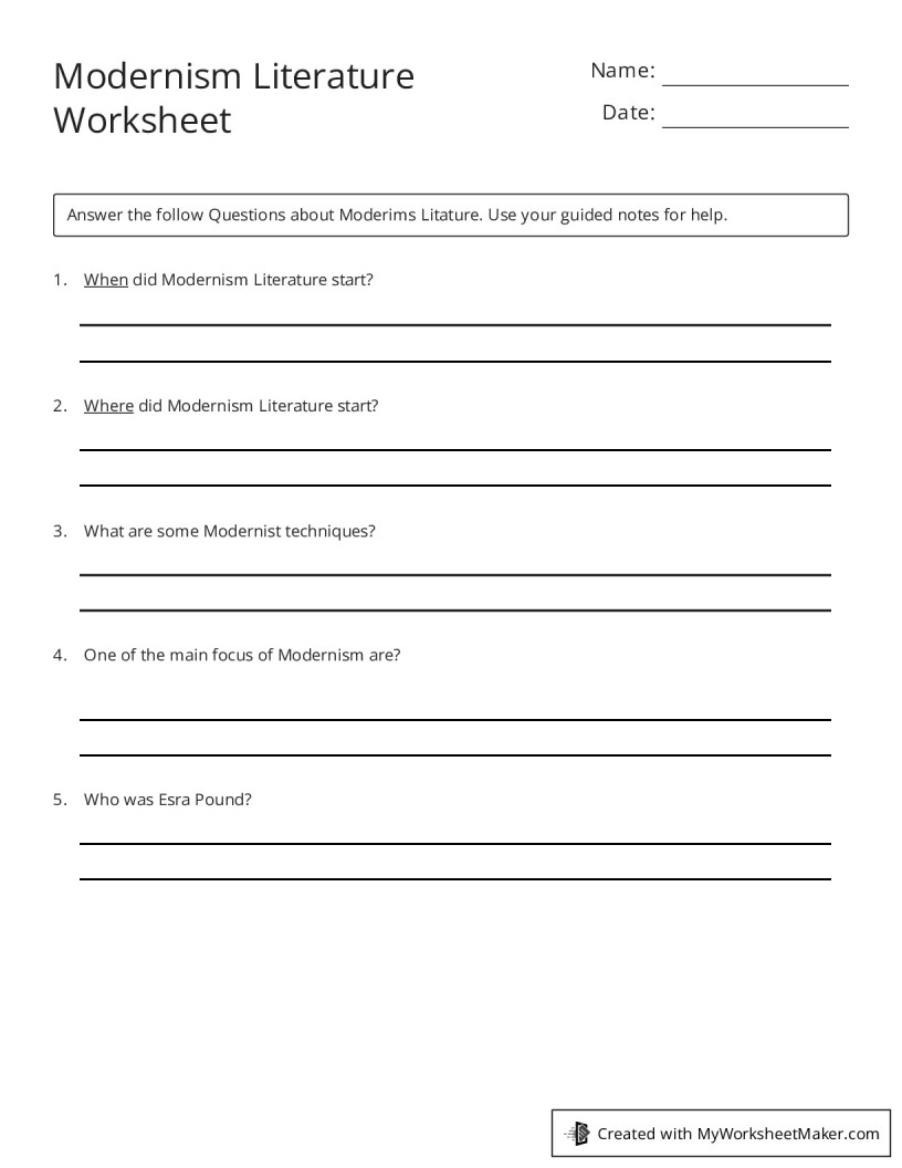 Modernism Literature Worksheet - My Worksheet Maker: Create Your Own ...