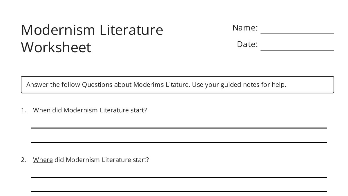 Modernism Literature Worksheet - My Worksheet Maker: Create Your Own ...