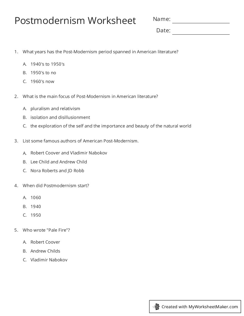 Postmodernism Worksheet - My Worksheet Maker: Create Your Own Worksheets