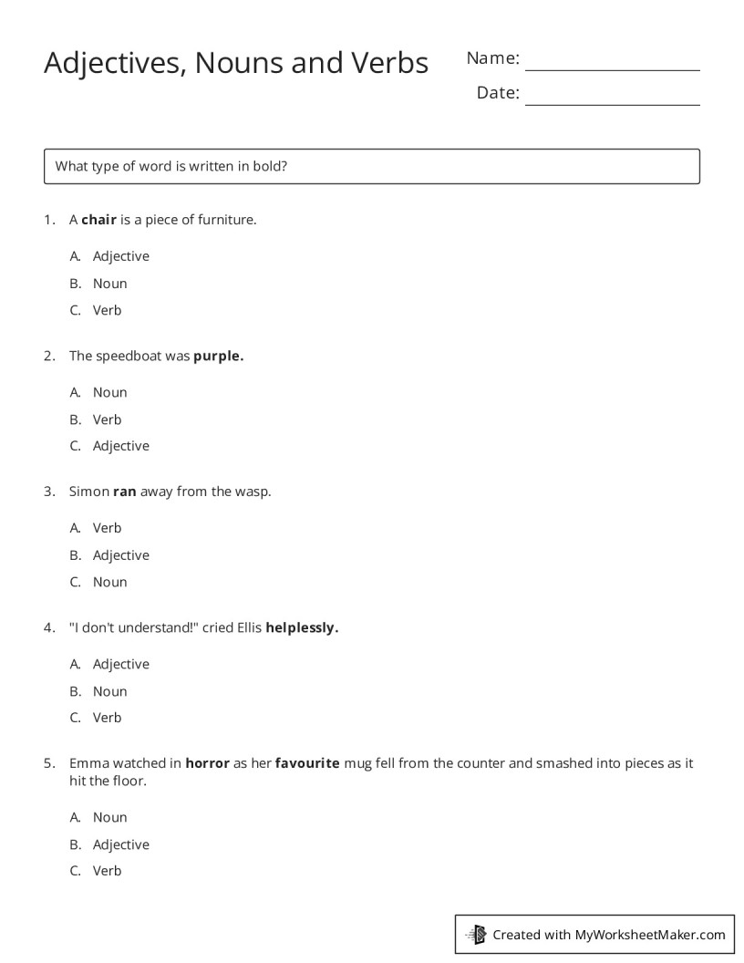 Adjectives, Nouns and Verbs - My Worksheet Maker: Create Your Own ...