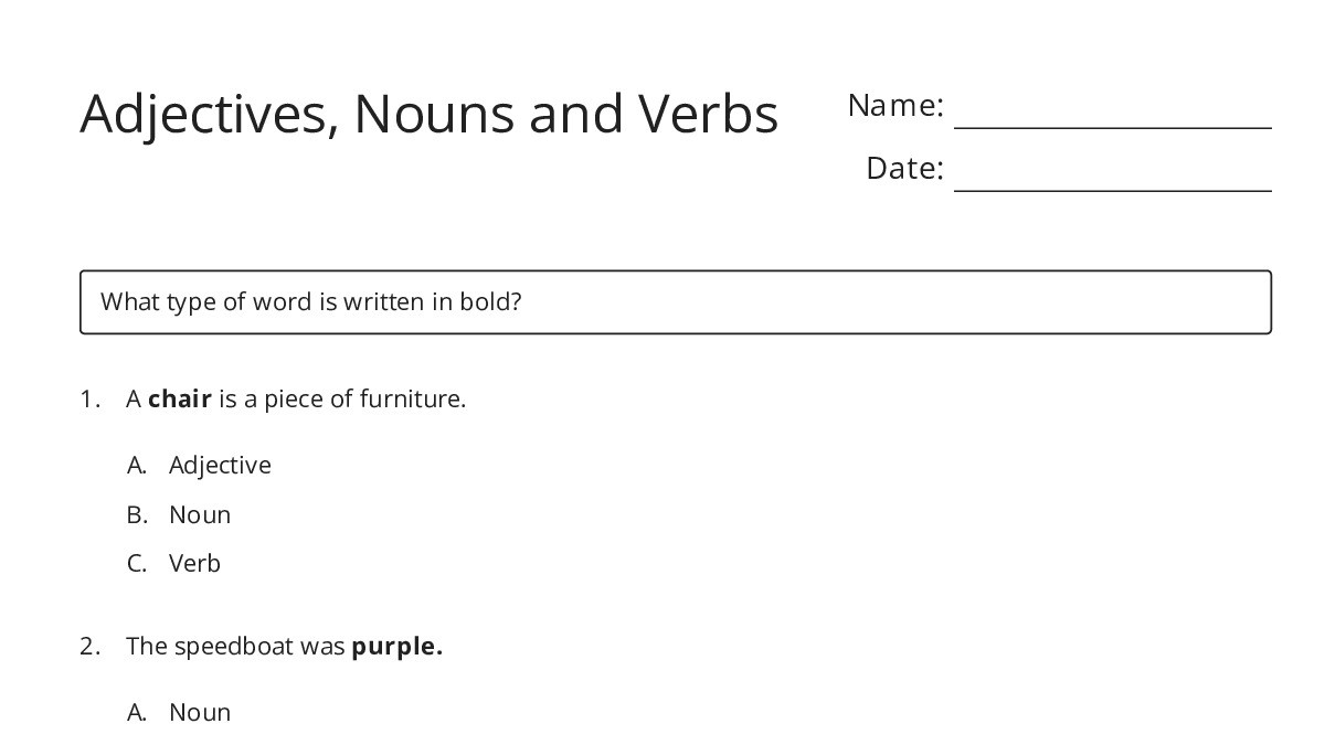 Adjectives, Nouns and Verbs - My Worksheet Maker: Create Your Own ...