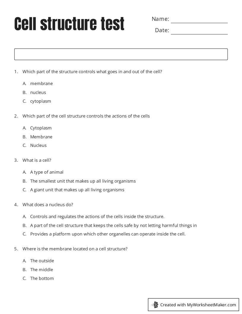 Cell structure test - My Worksheet Maker: Create Your Own Worksheets