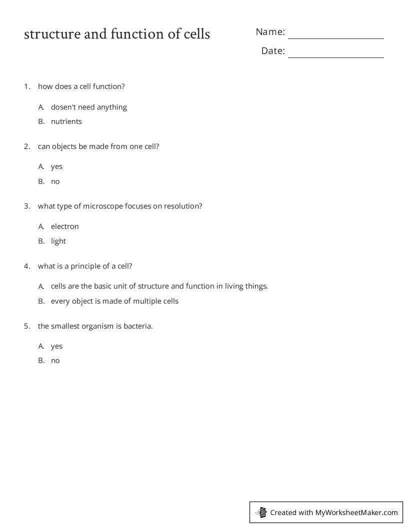 structure and function of cells - My Worksheet Maker: Create Your Own ...