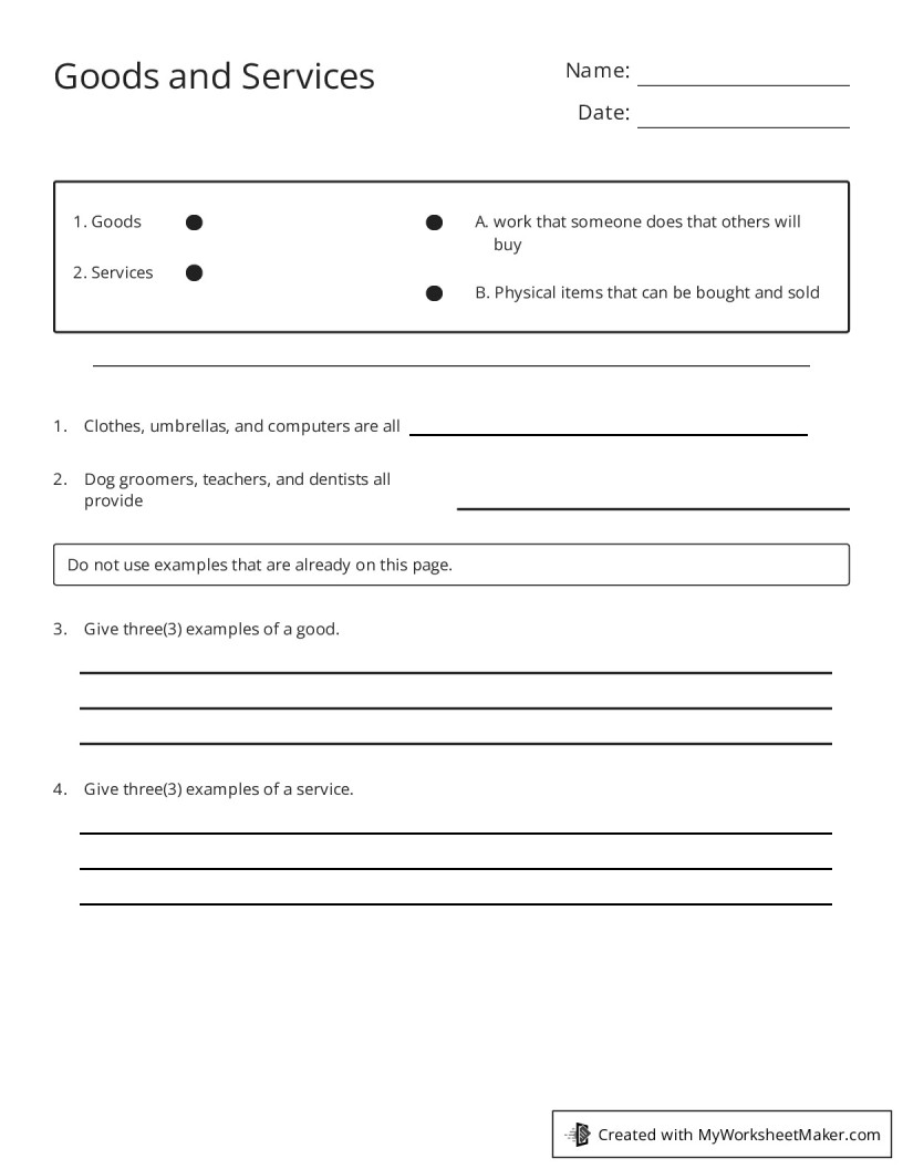 Goods and Services - My Worksheet Maker: Create Your Own Worksheets