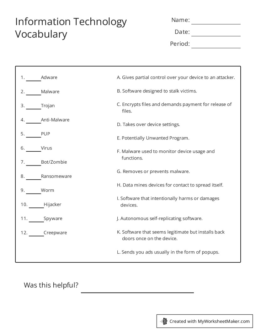Information Technology Vocabulary - My Worksheet Maker: Create Your Own ...