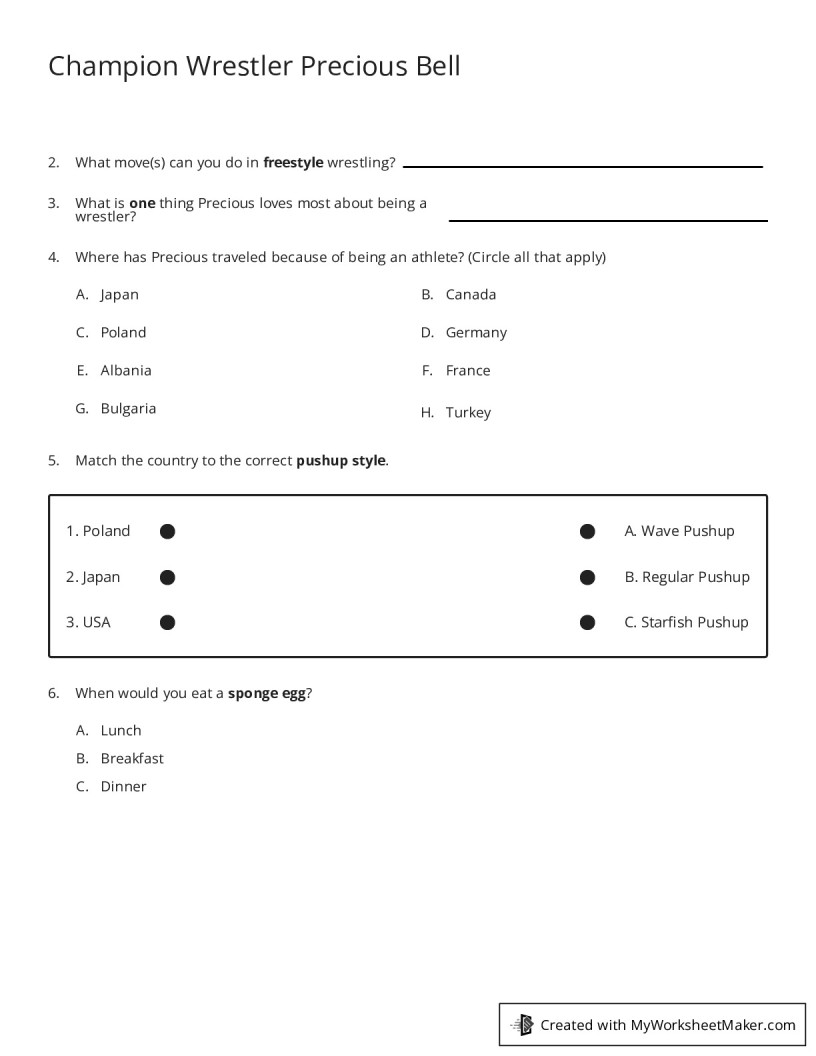 Champion Wrestler Precious Bell - My Worksheet Maker: Create Your Own ...