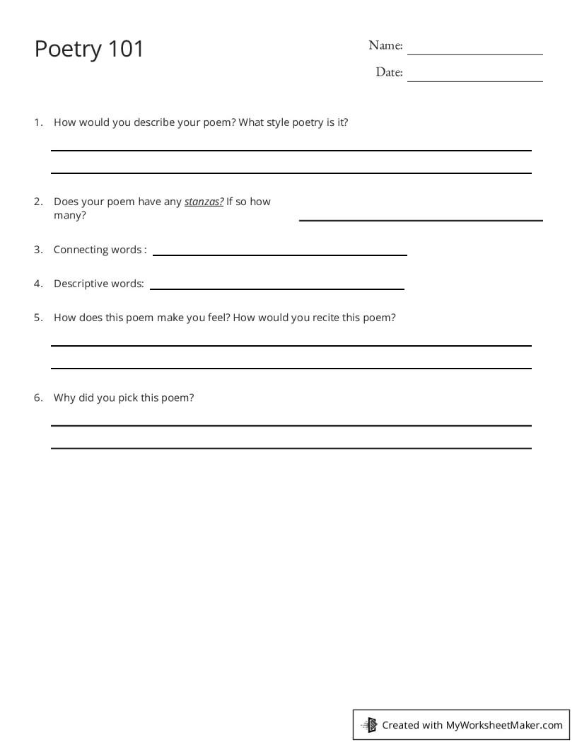 Poetry 101 - My Worksheet Maker: Create Your Own Worksheets