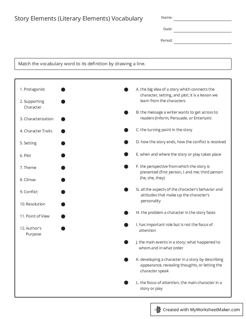 Story Elements (Literary Elements) Vocabulary - My Worksheet Maker ...