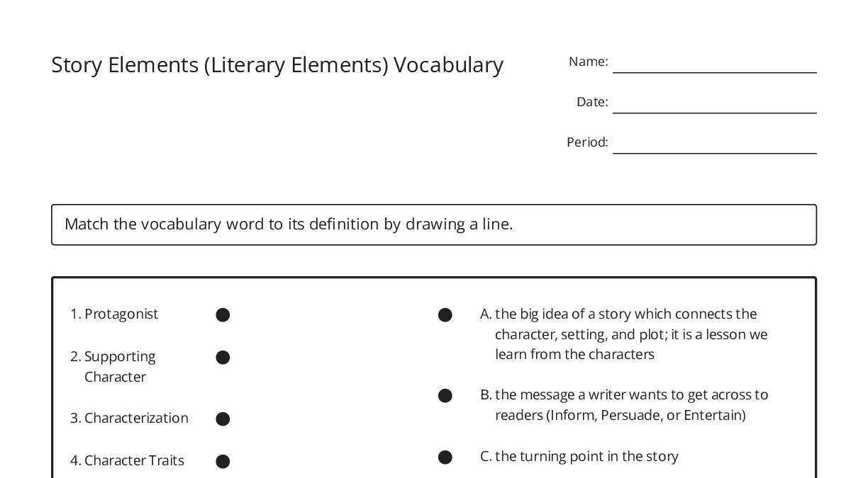 Story Elements (Literary Elements) Vocabulary - My Worksheet Maker ...