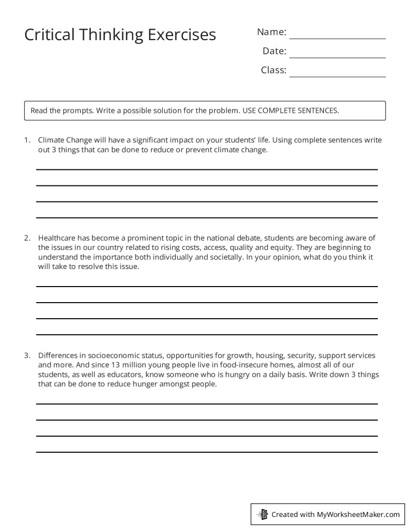 Critical Thinking Exercises - My Worksheet Maker: Create Your Own Worksheets