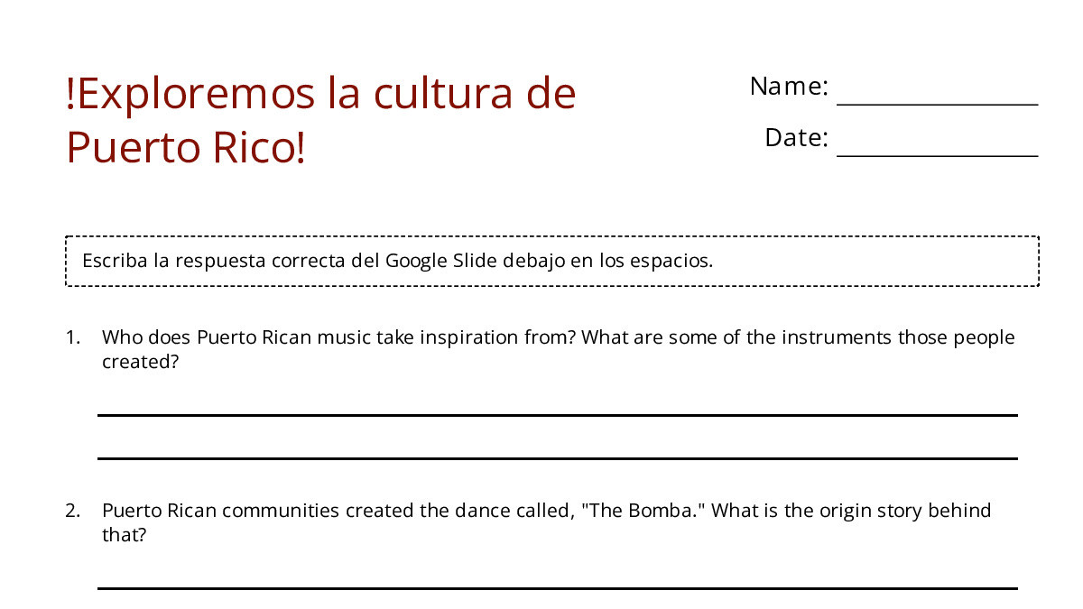 !Exploremos la cultura de Puerto Rico! - My Worksheet Maker: Create ...