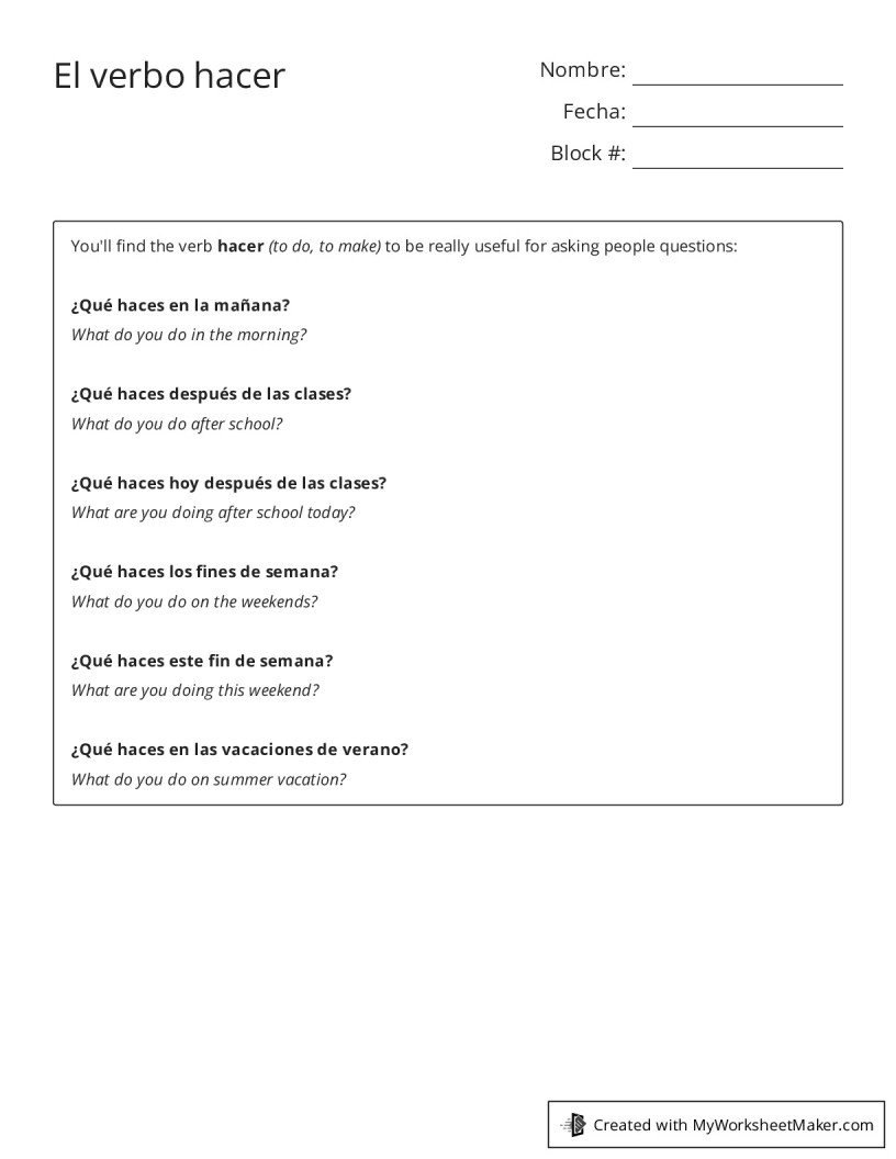 El verbo hacer - My Worksheet Maker: Create Your Own Worksheets