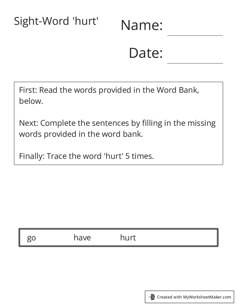 Sight-Word 'hurt' - My Worksheet Maker: Create Your Own Worksheets