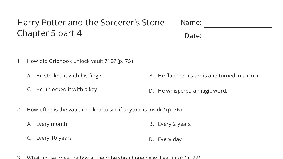 Harry Potter and the Sorcerer's Stone Chapter 5 part 4 - My Worksheet ...